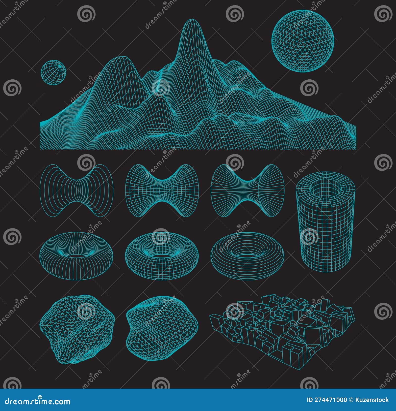 3d Wireframe Shapes. Grid Sphere, Cylinder and Torus, Amorphic Asteroid ...