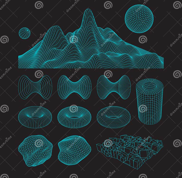 3d Wireframe Shapes. Grid Sphere, Cylinder and Torus, Amorphic Asteroid ...