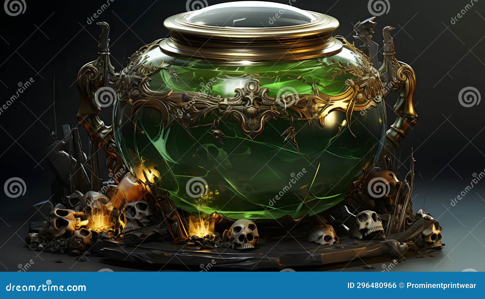 3D Witch S Cauldron with Green Potion, Bones, and Skulls Stock ...