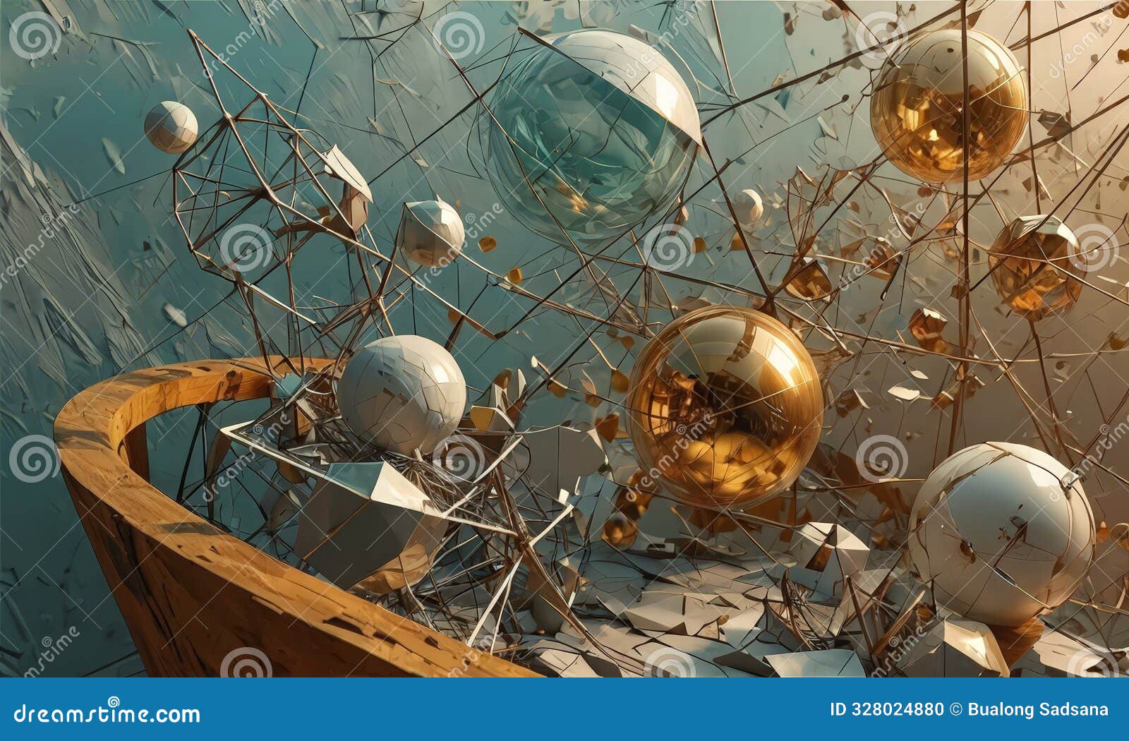 3D Wooden Structure with Curved Top and Collection Spherical Objects in ...