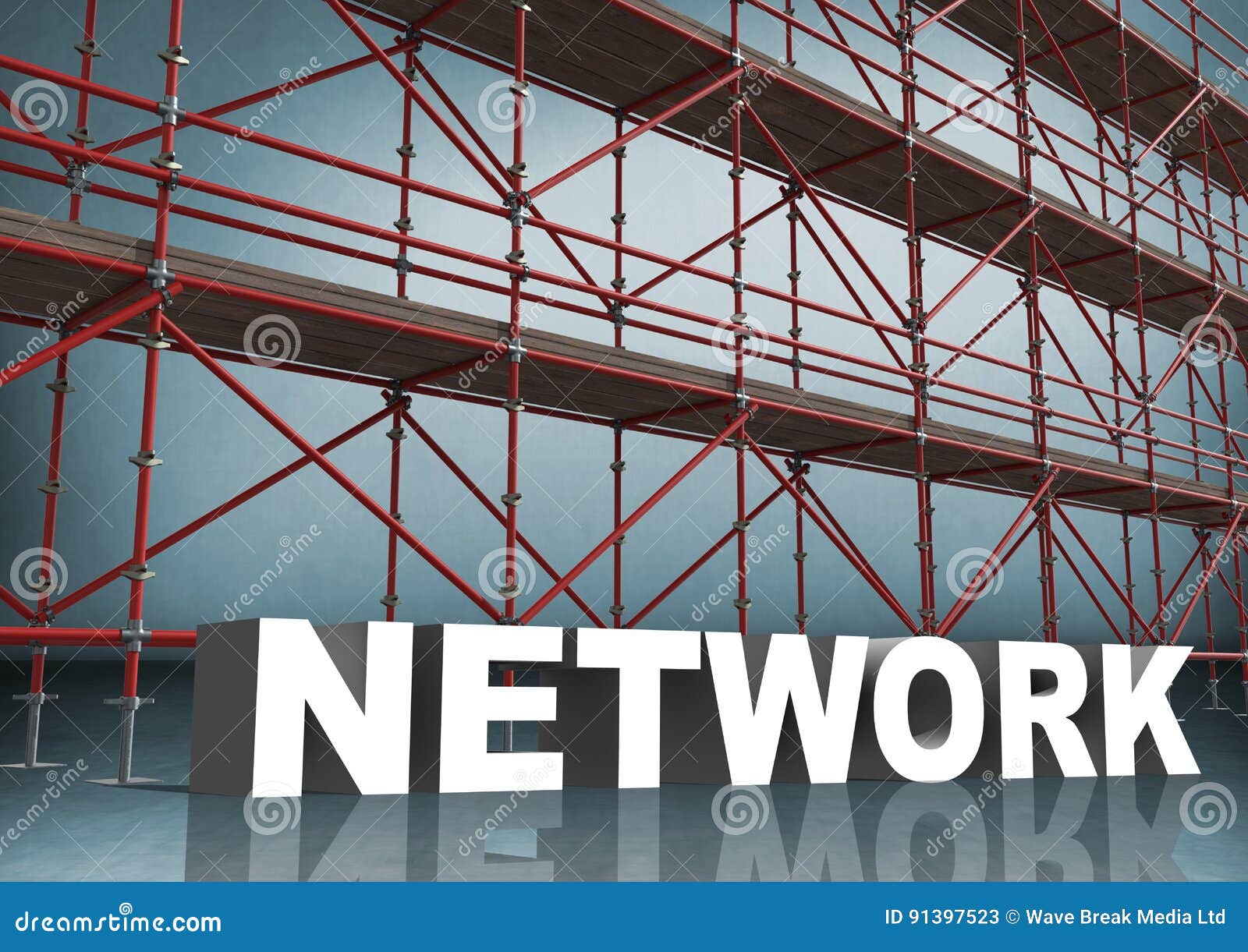3D Word Network in Front of Scaffolding in Blue Room Stock Illustration ...