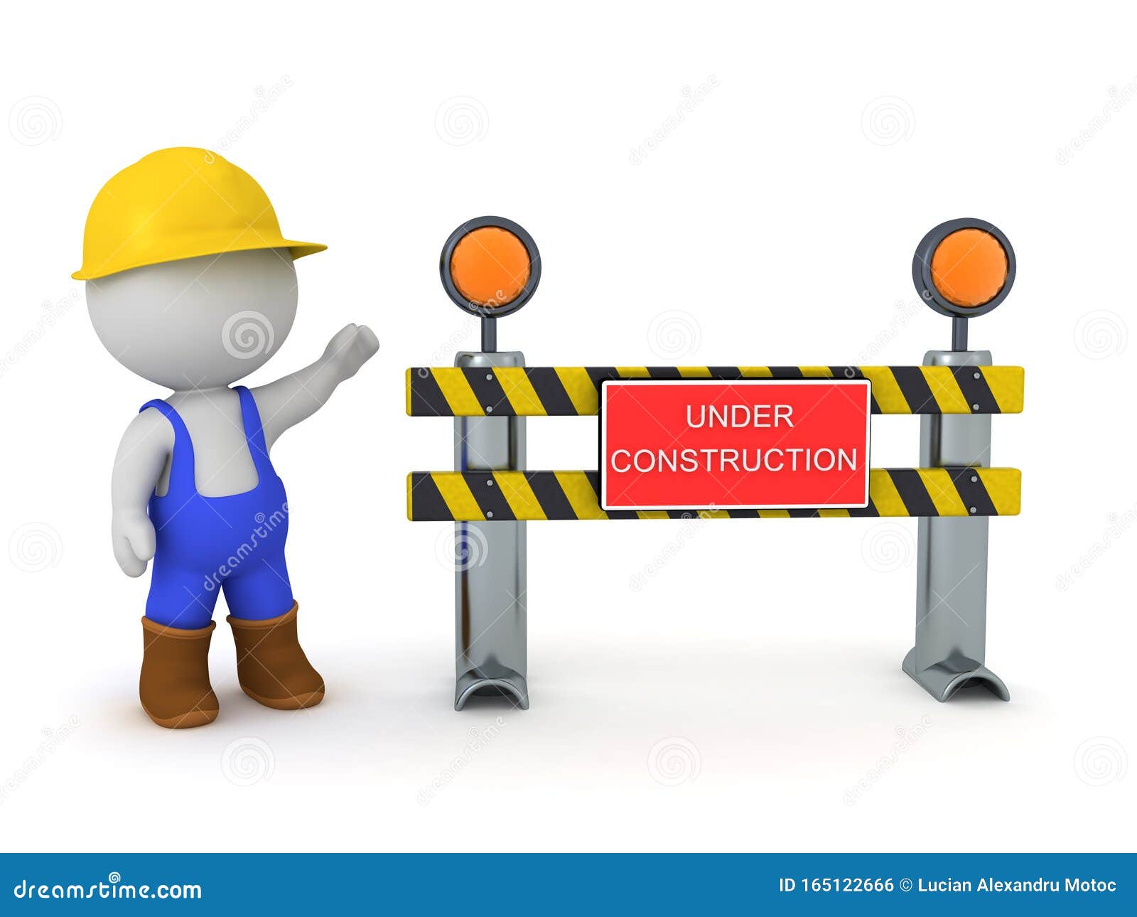 3D Worker and Under Construction Sign Stock Illustration - Illustration ...