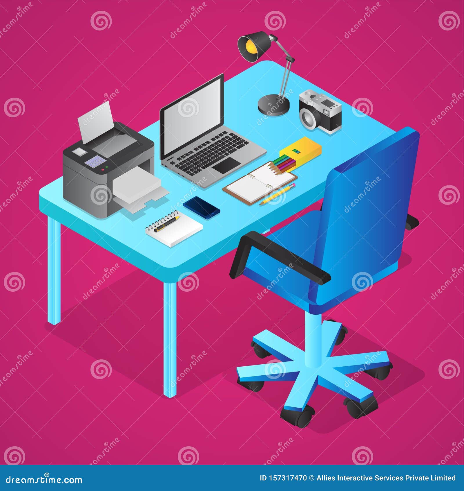 3D Workplace View of Graphic Designing Objects Like As Printer, Laptop ...