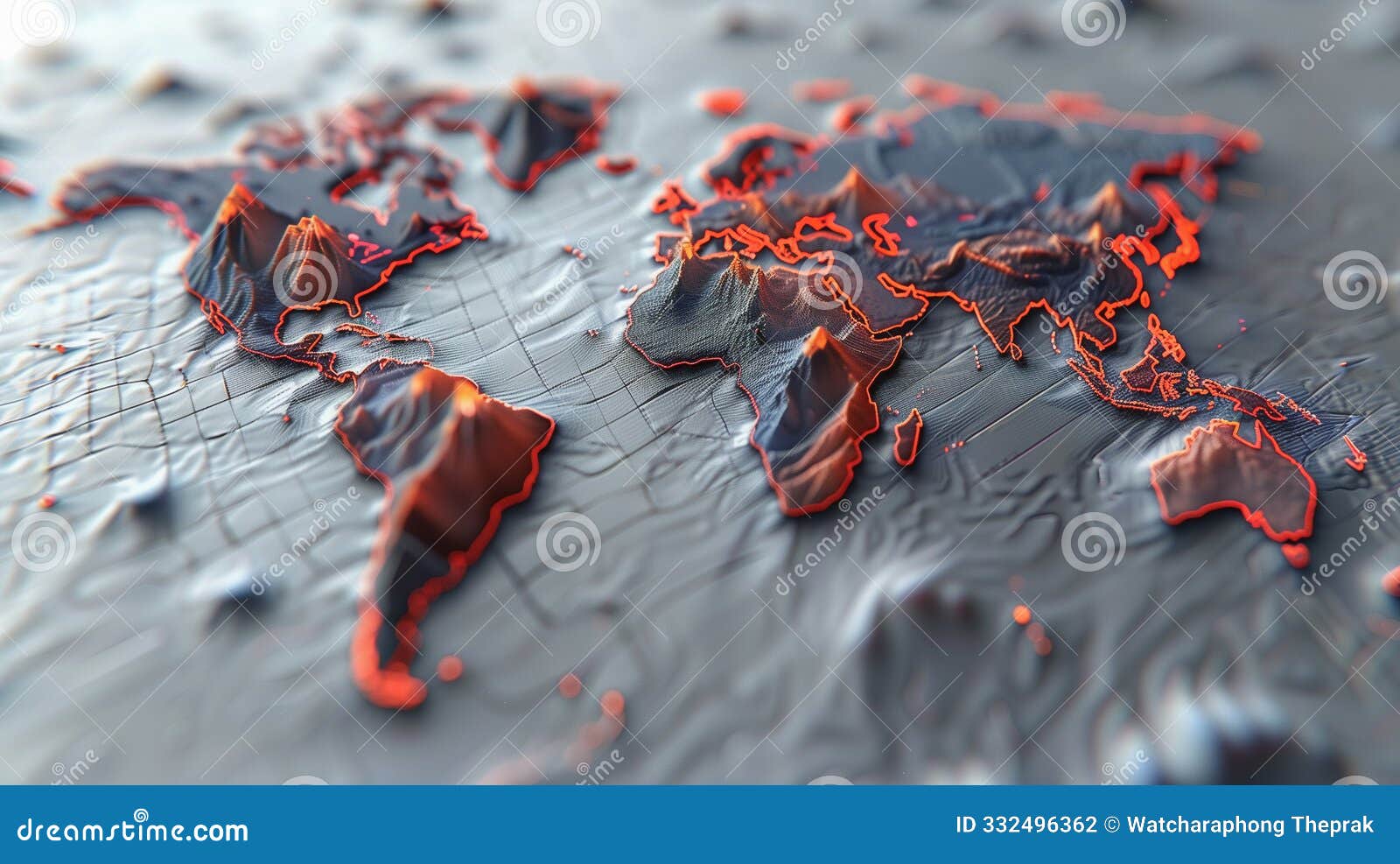 3D World Map with Glowing Red Contours and Elevated Topography Stock ...