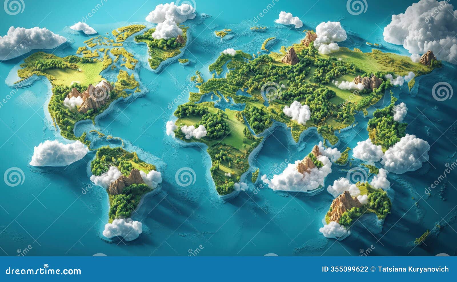 3D World Map with Lush Landscapes and Clouds Stock Photo - Image of ...