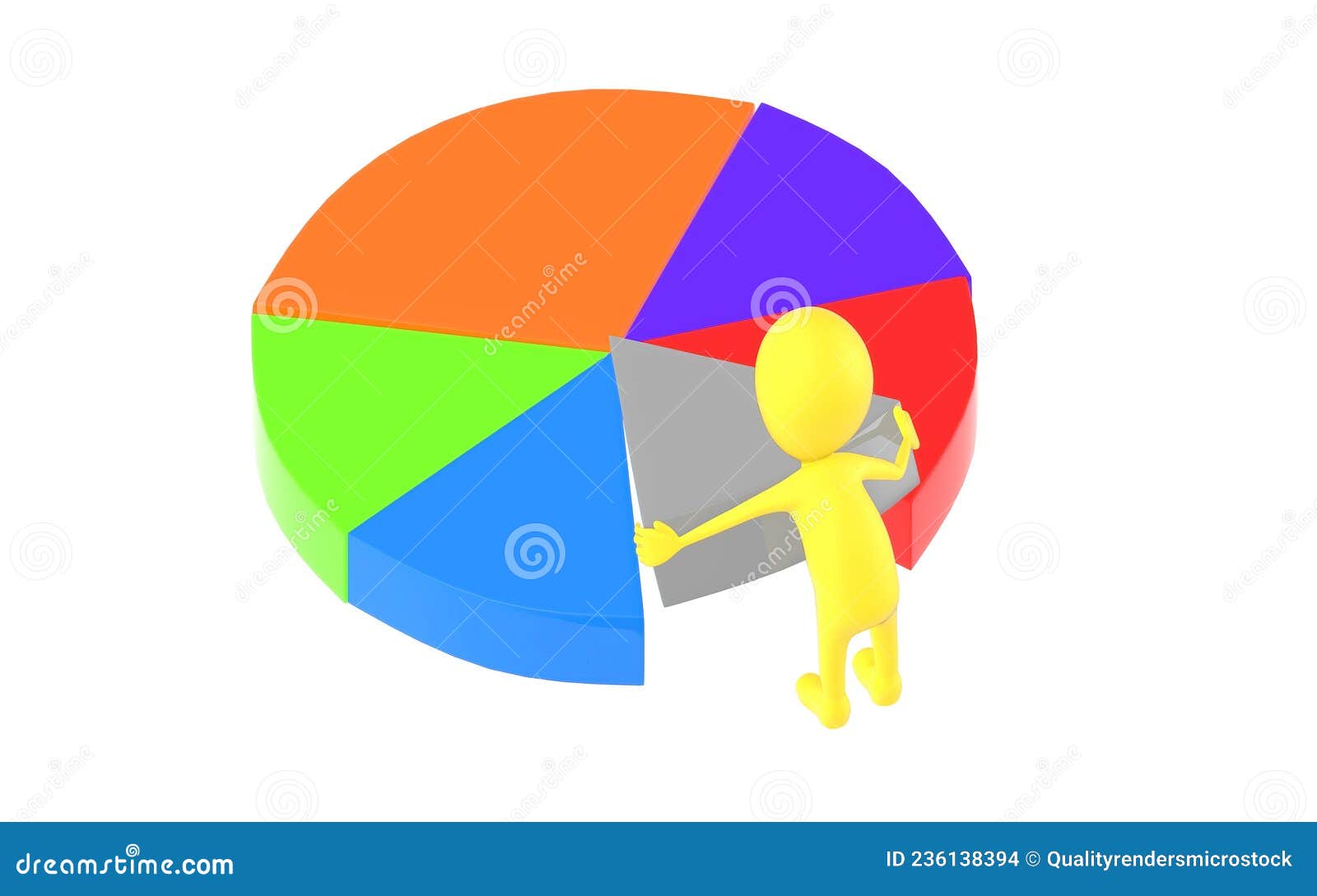 3d Yellow Character Moving a Pie in Pie Chart Stock Illustration ...