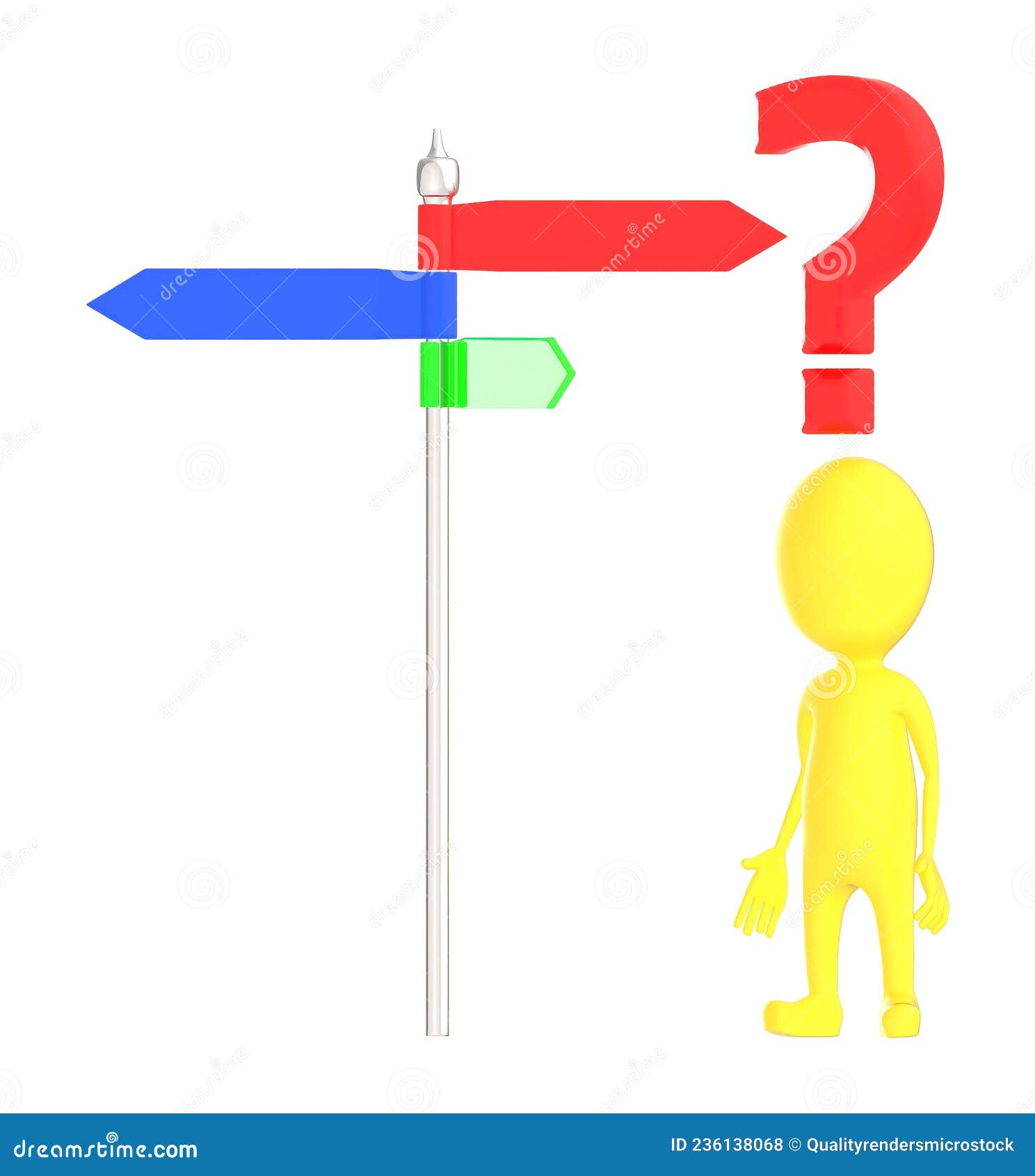 3d Yellow Character Standing In Front Of A Arrow Sign Board Question Mark Over His Head Stock