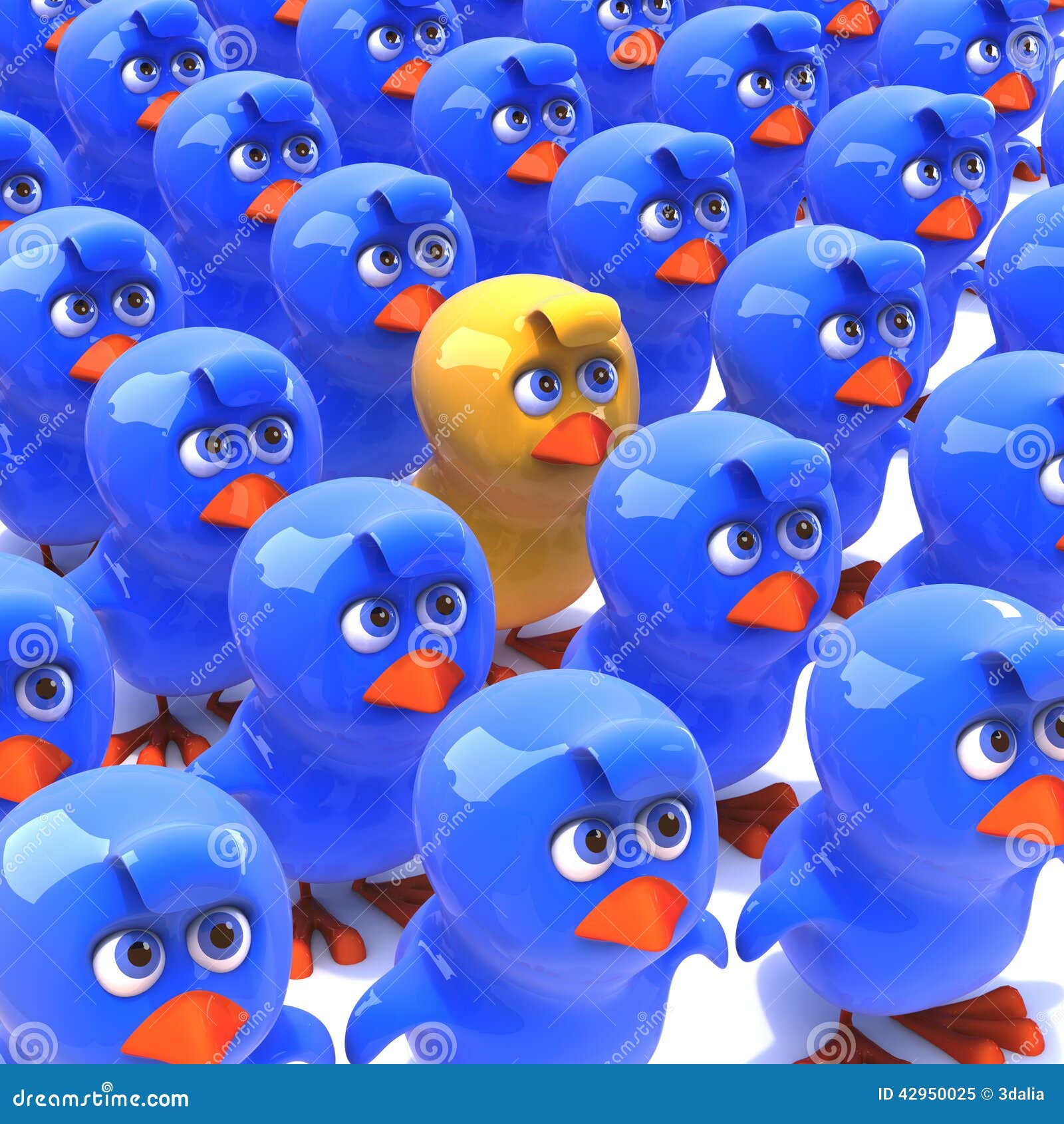 3d Yellow Chick Stands Out from Crowd of Blue Chicks Stock Illustration ...