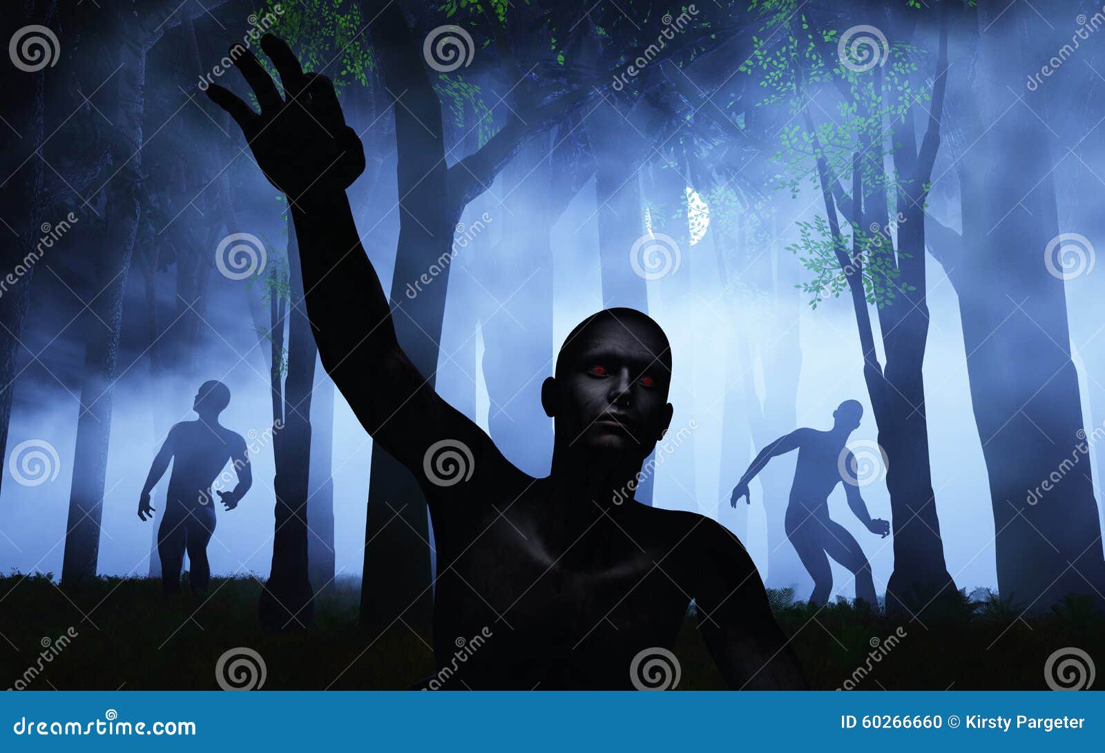 3D zombies in foggy forest stock illustration. Illustration of scare ...