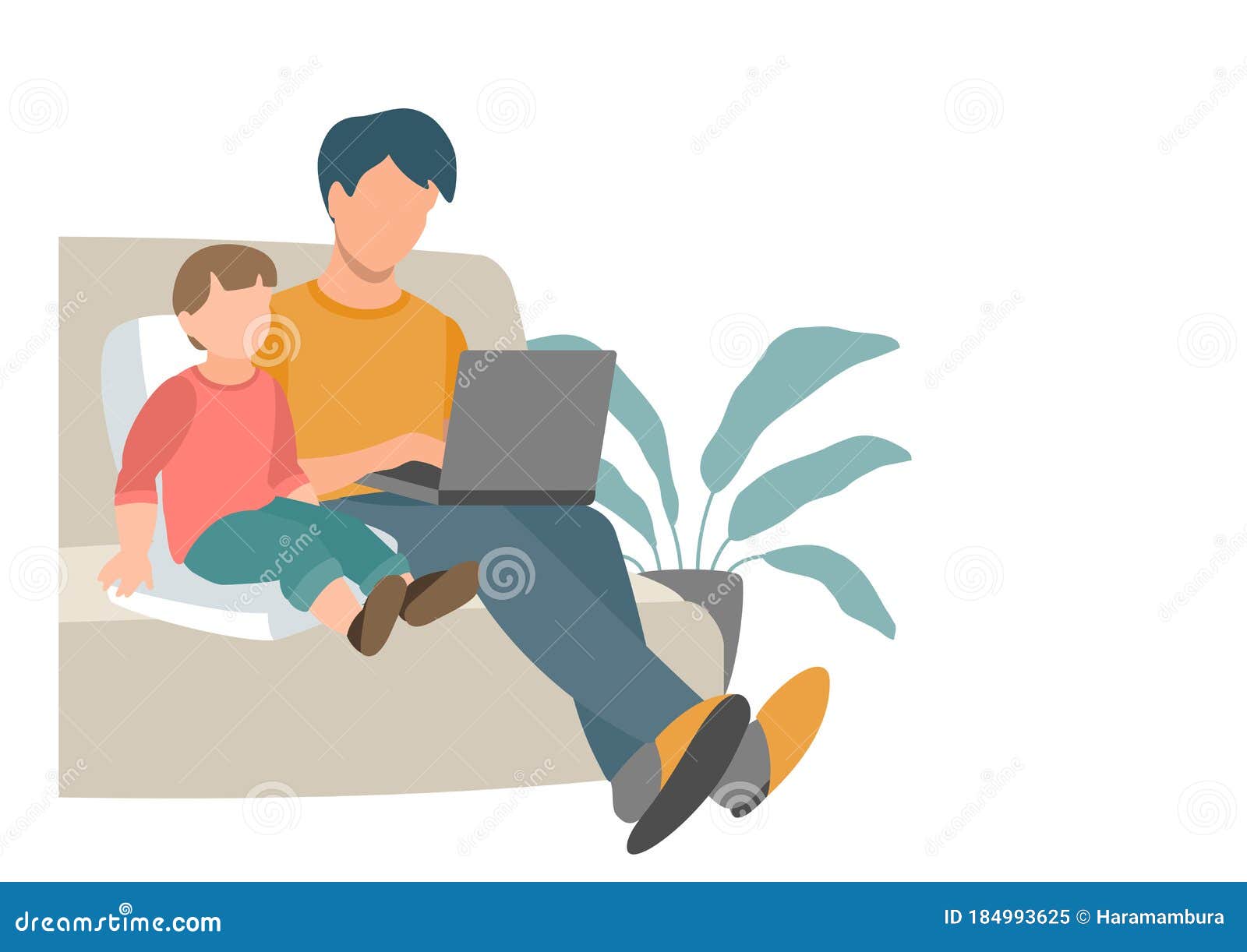 Dad and Baby are Sitting on the Couch and Looking at the Laptop Screen ...