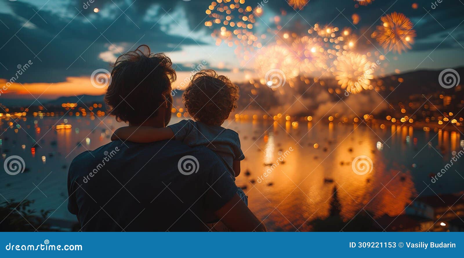 A Dad with a Child Looks at Fireworks in the Night Sky. Stock Image ...