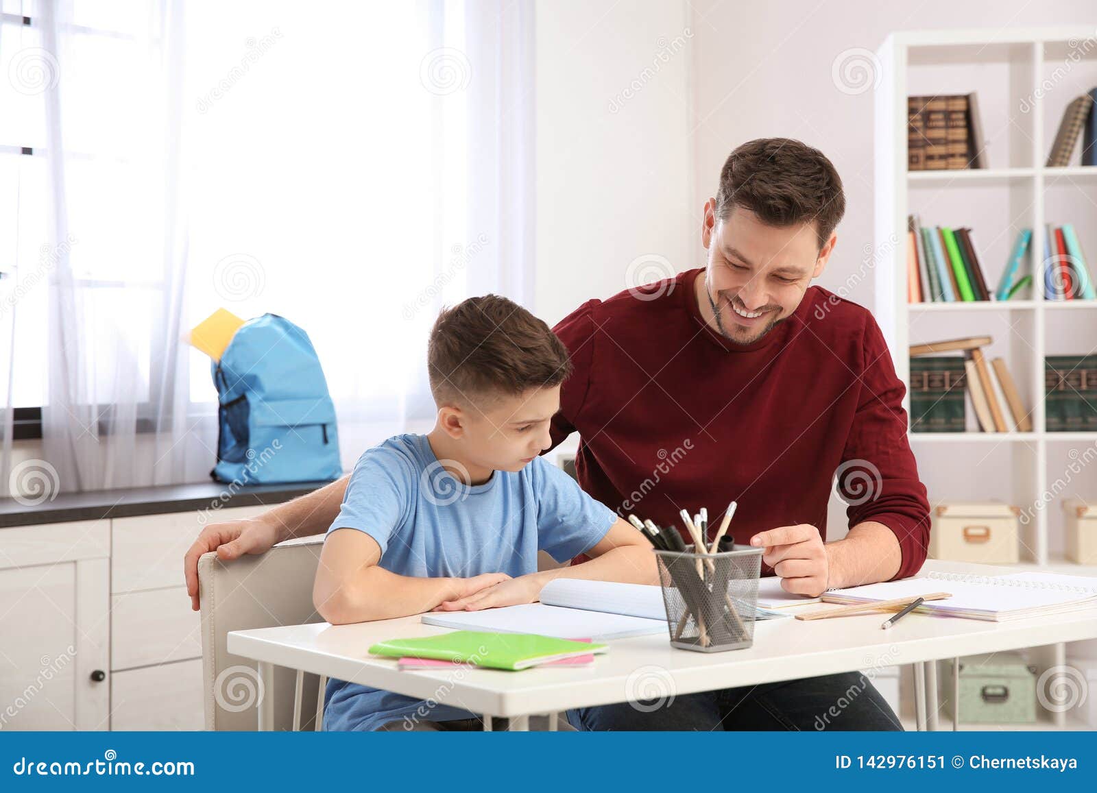 Dad Helping His Son with Homework Stock Image - Image of learn ...