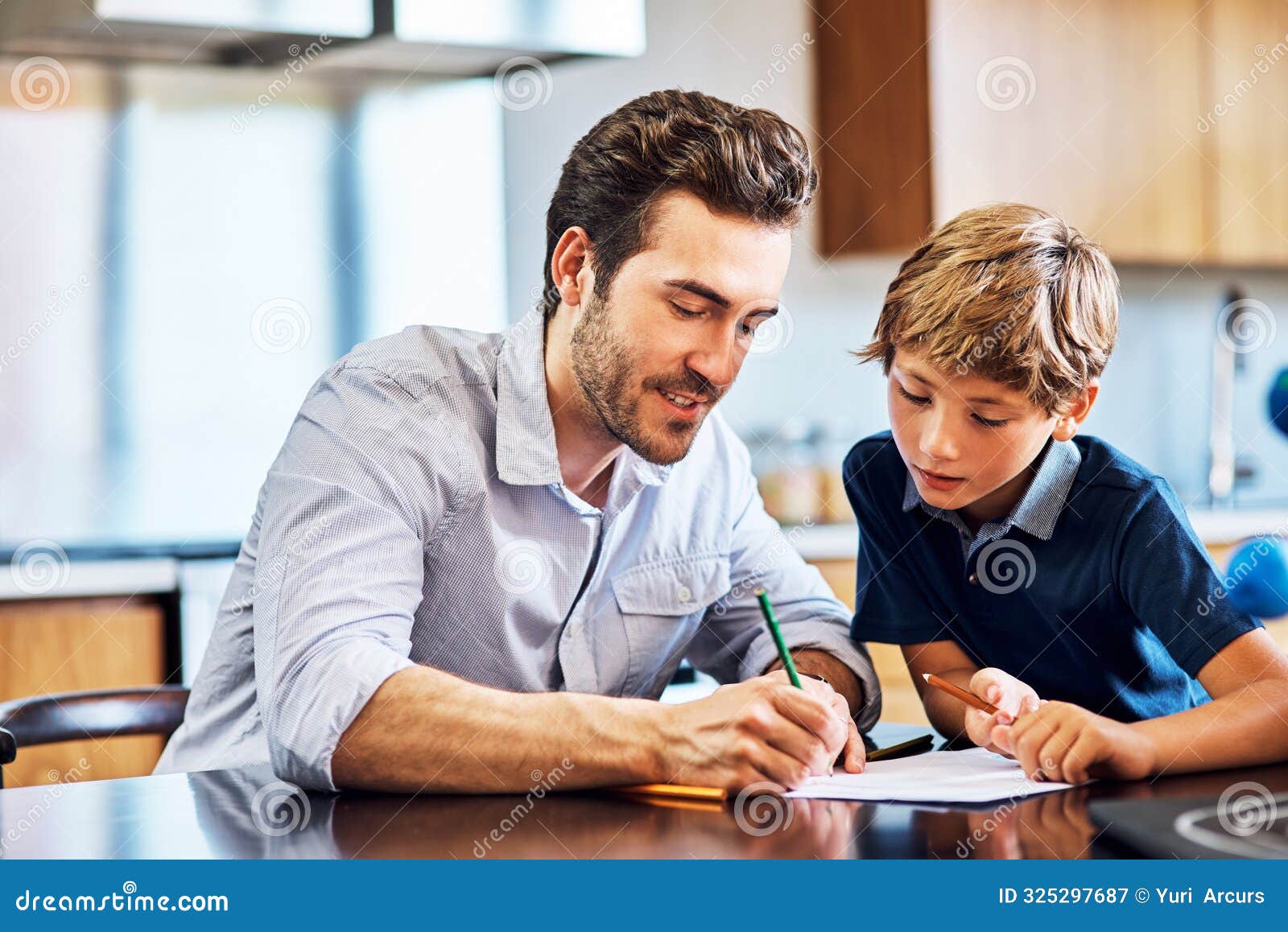 Dad, Helping and Son with Homework, Home and Writing in Kitchen ...