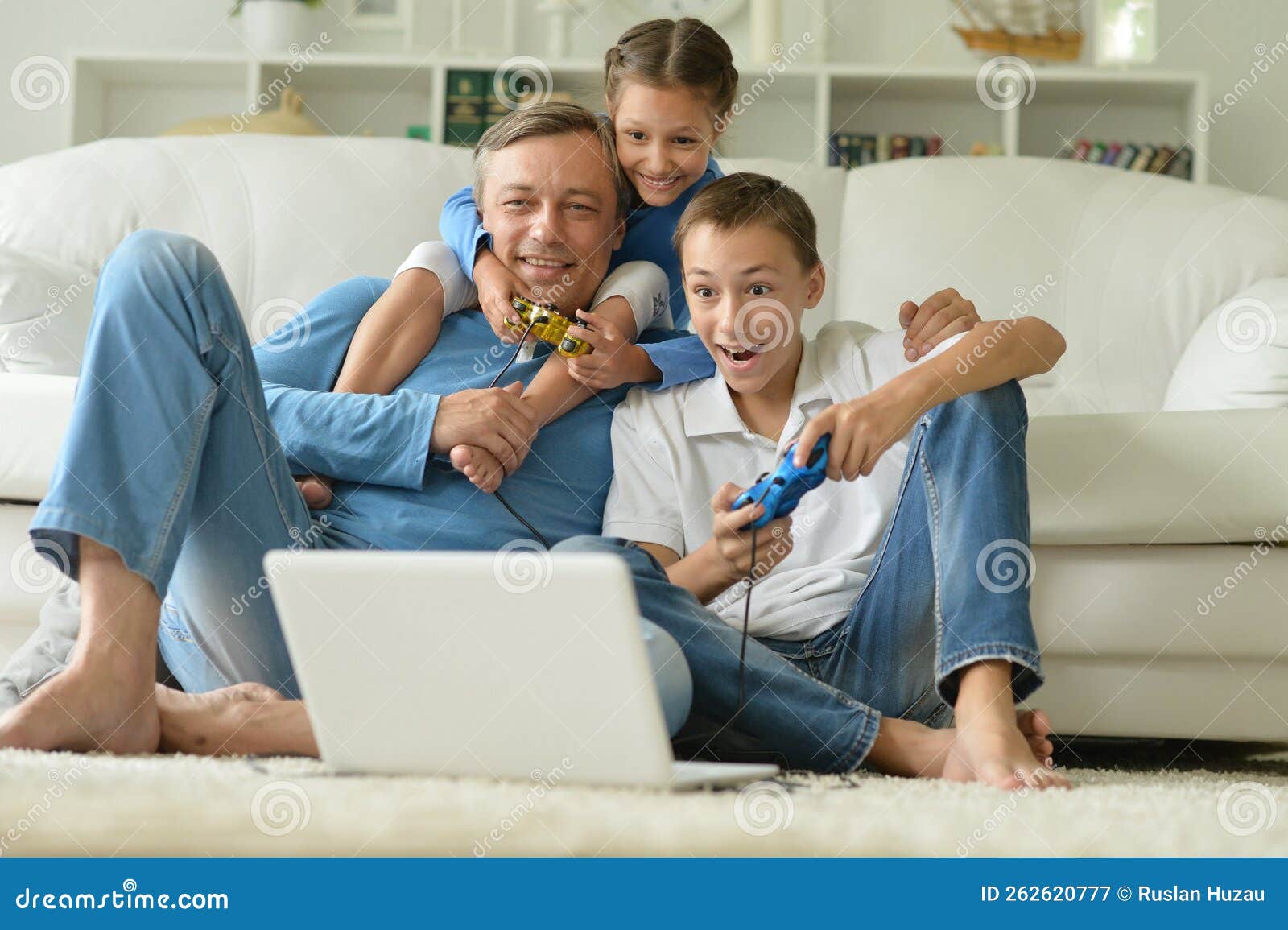 Dad and Kids Have Fun Playing with a Laptop Stock Image - Image of ...