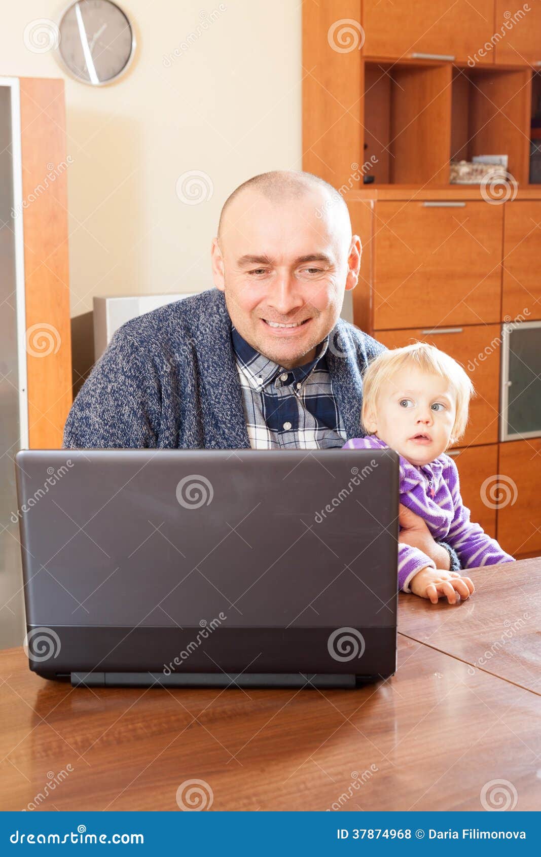 Dad at Laptop with Daughter Stock Photo - Image of education, concepts ...
