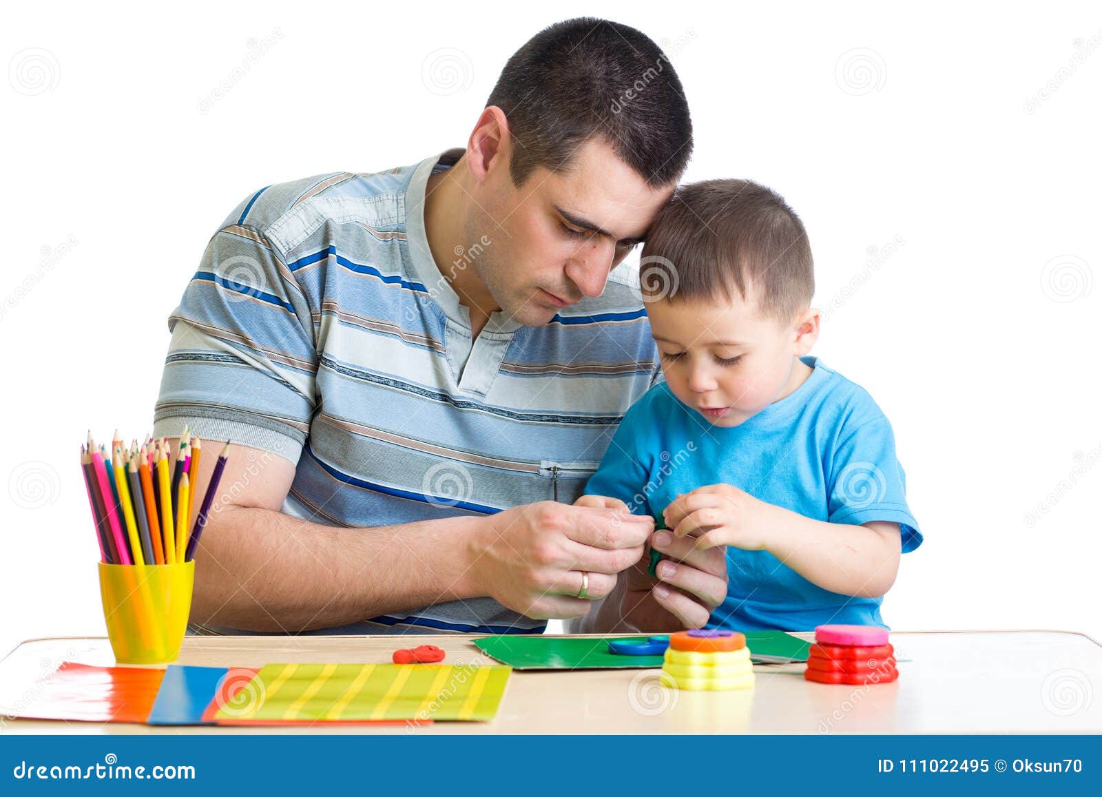Dad and Son Handworking at Table Stock Image - Image of desk, isolated ...