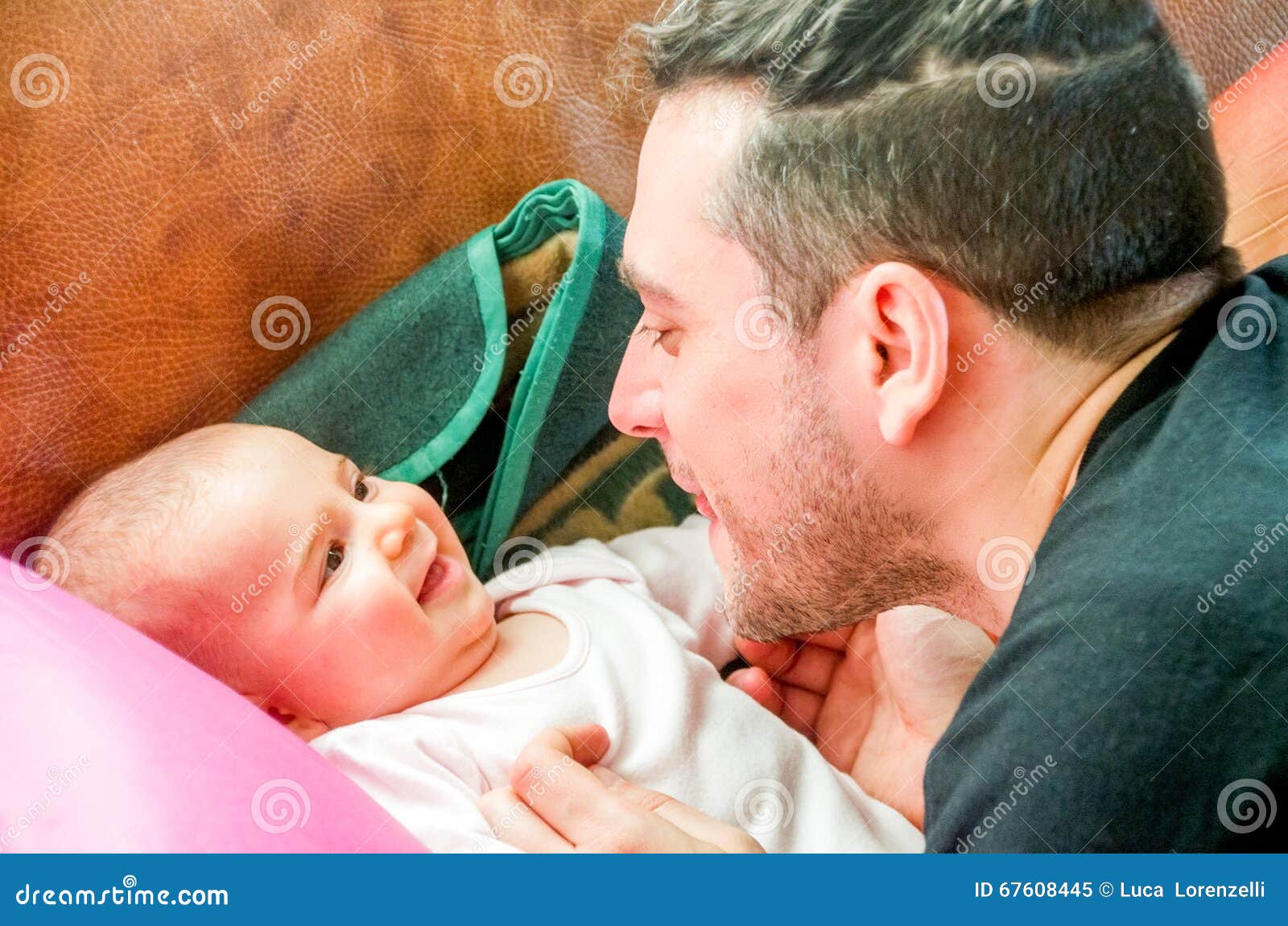 Dad Makes Faces Grimacing Newborn Baby Laughs Stock Image - Image of ...