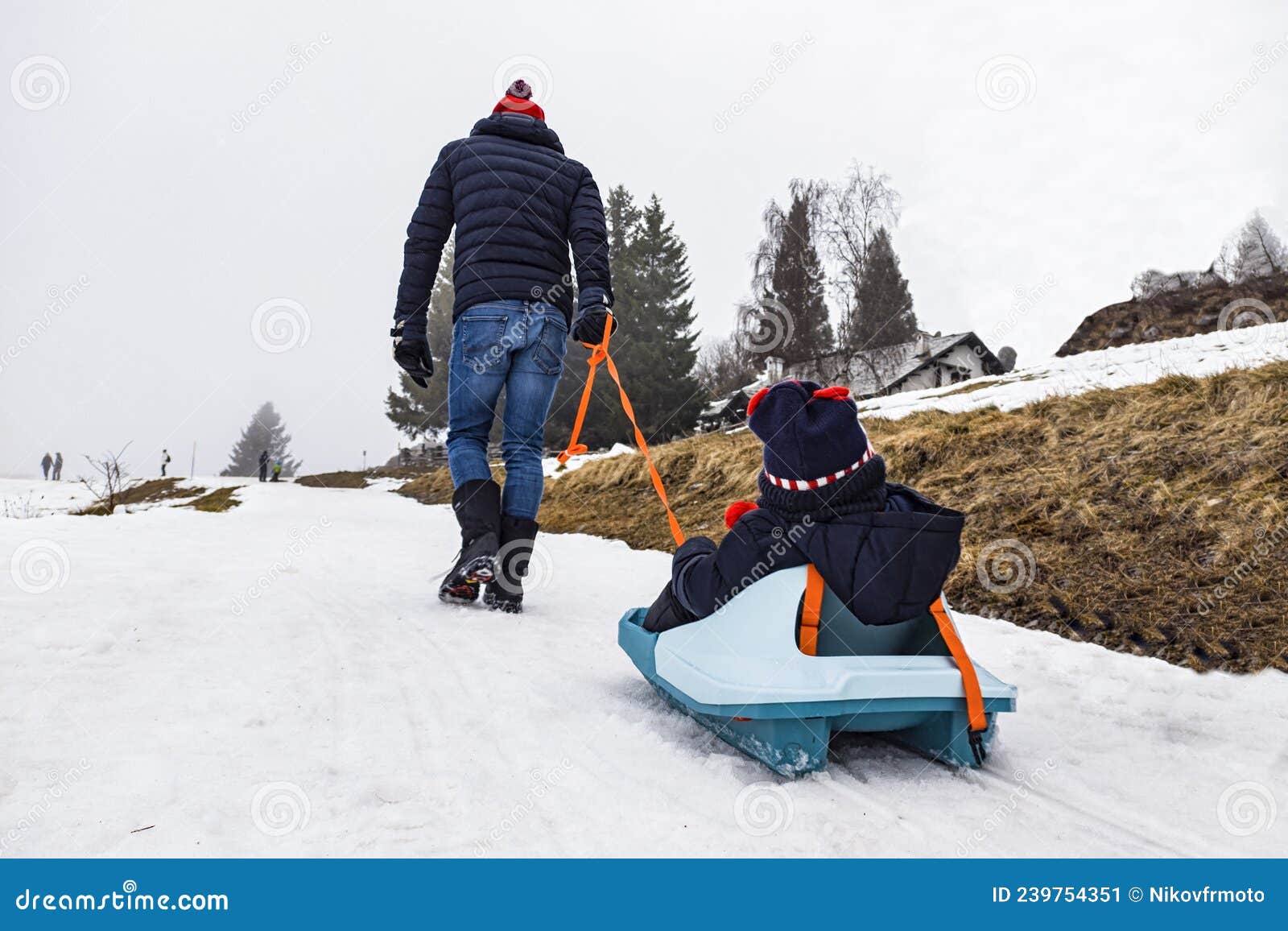 Dad Pulling a Child on a Sled Editorial Photo - Image of nature, season ...