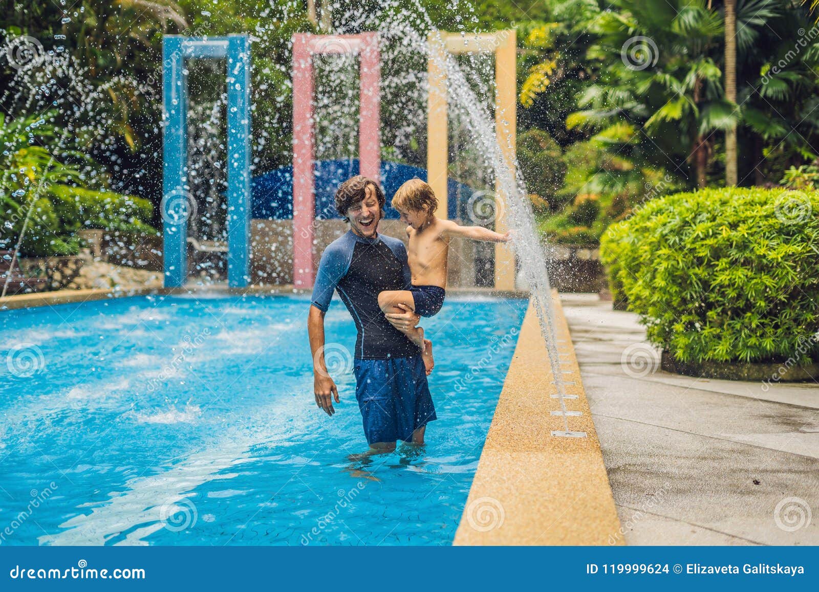 Dad and Son Have Fun in the Pool Stock Photo - Image of lifestyle ...