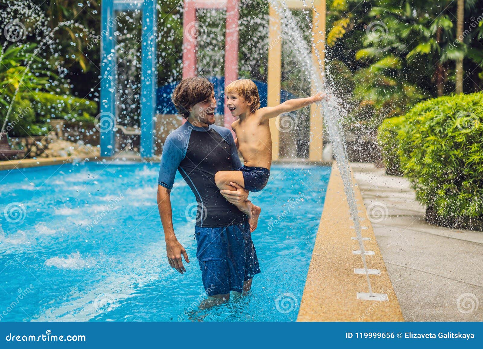 Dad and Son Have Fun in the Pool Stock Photo - Image of childhood ...