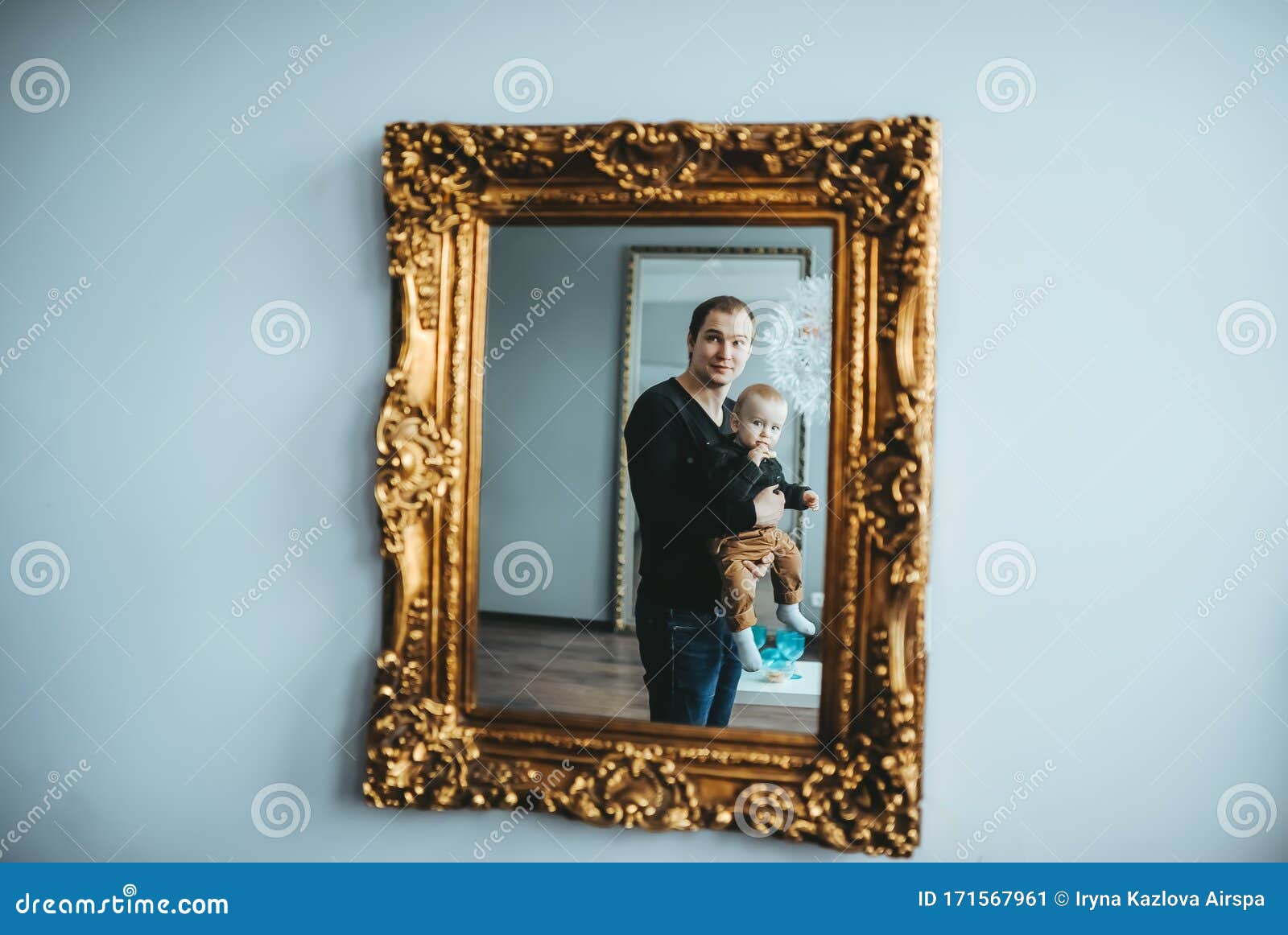 Dad and Son Reflection in a Mirror Stock Image - Image of reflection ...