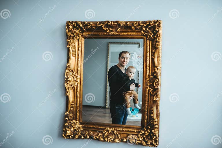Dad and Son Reflection in a Mirror Stock Image - Image of reflection ...