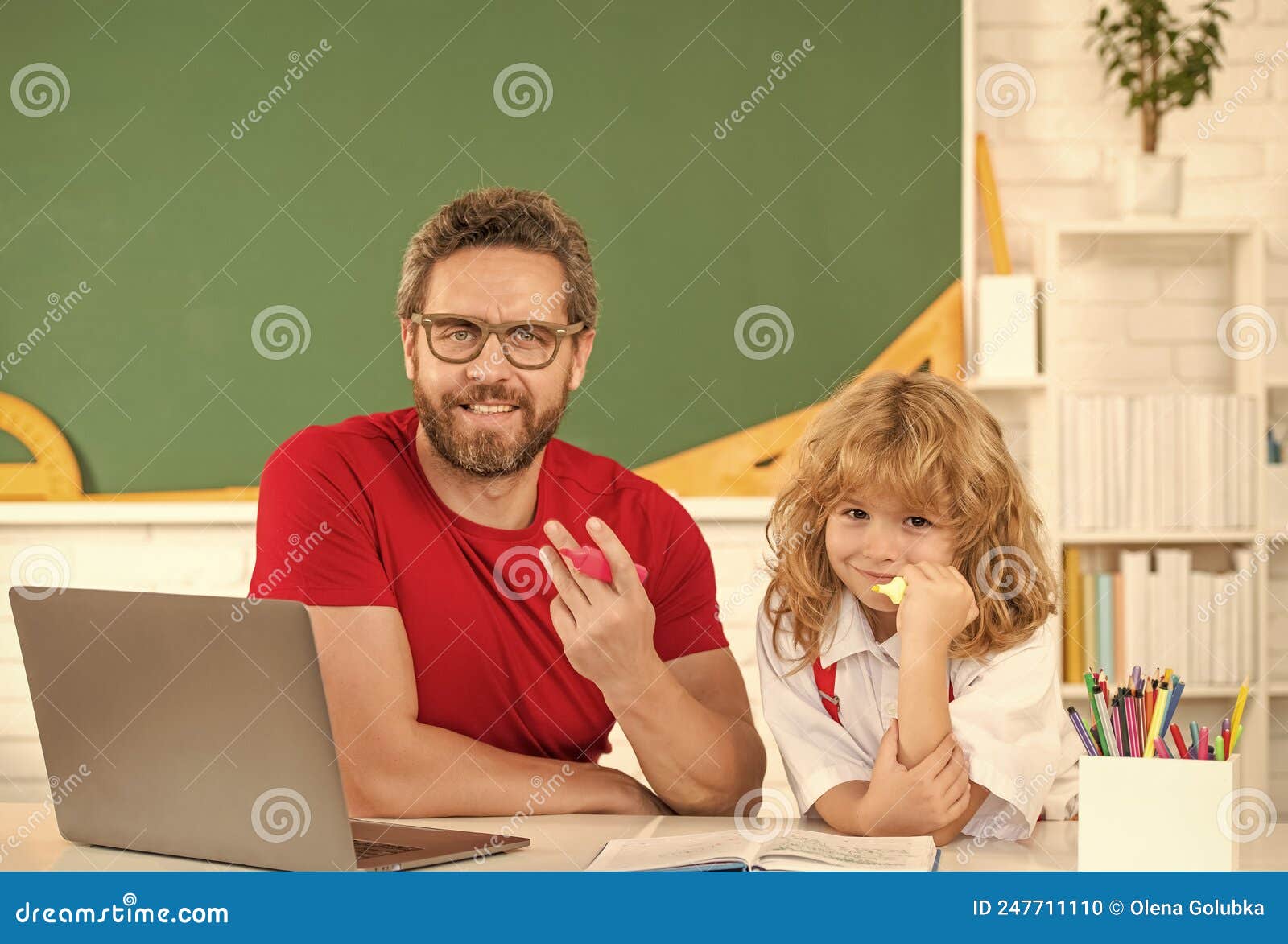 Dad and Son Study in Classroom with Laptop, School Stock Photo - Image ...