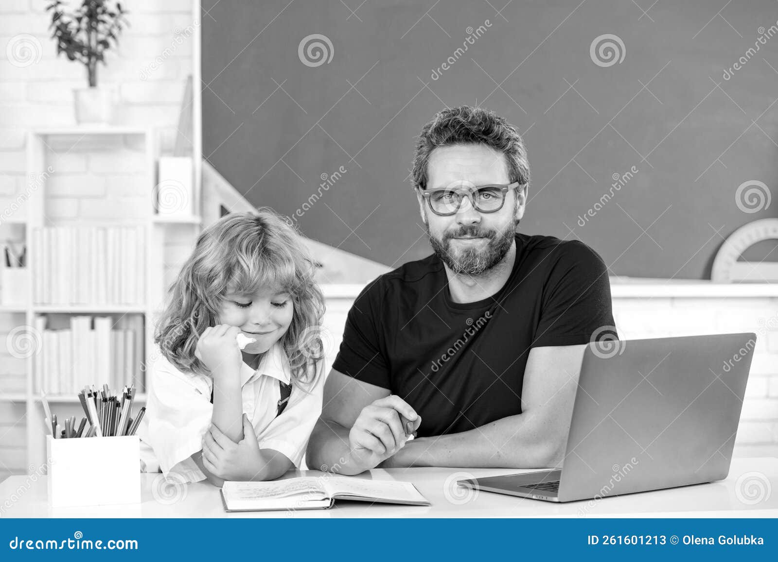 Dad and Son Study in Classroom with Laptop, School Online Stock Image ...