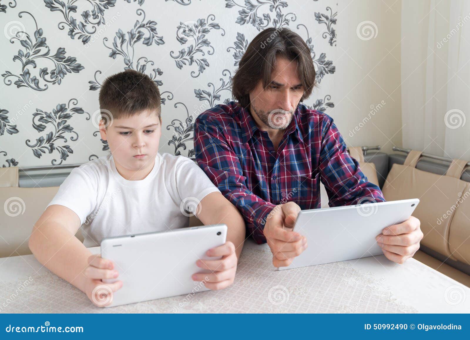 Dad and Son with Tablet Computer Indoor Stock Photo - Image of father ...