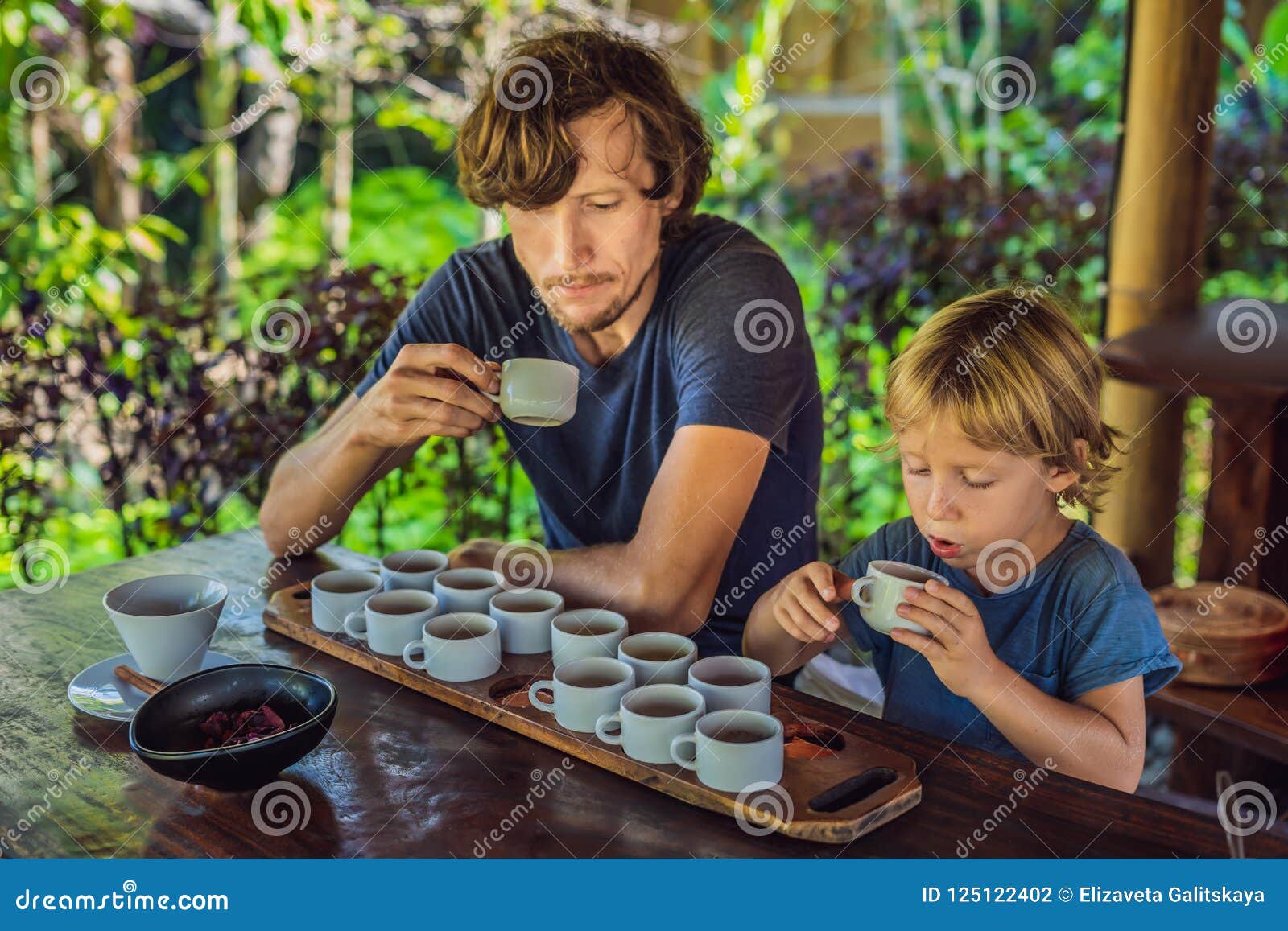 Dad and Son are Tasting Different Kinds of Coffee and Tea, Including ...