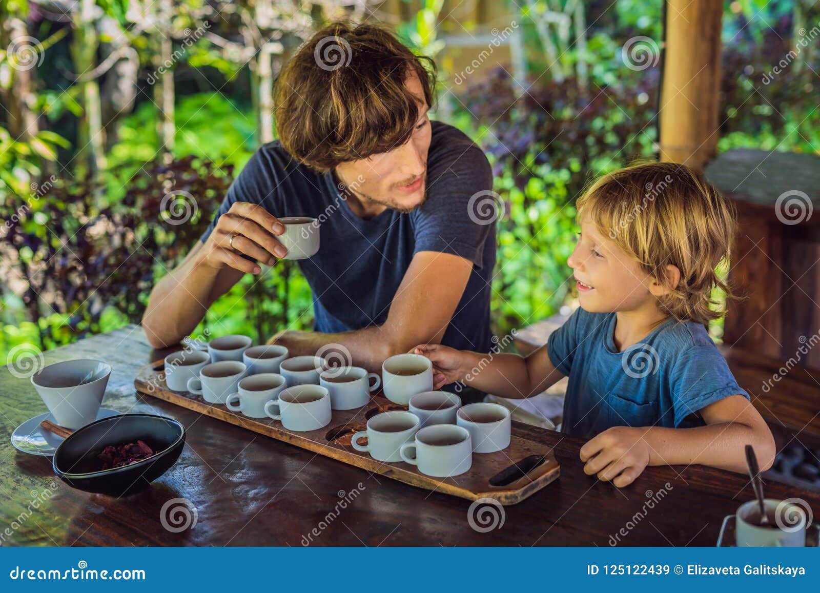 Dad and Son are Tasting Different Kinds of Coffee and Tea, Including ...