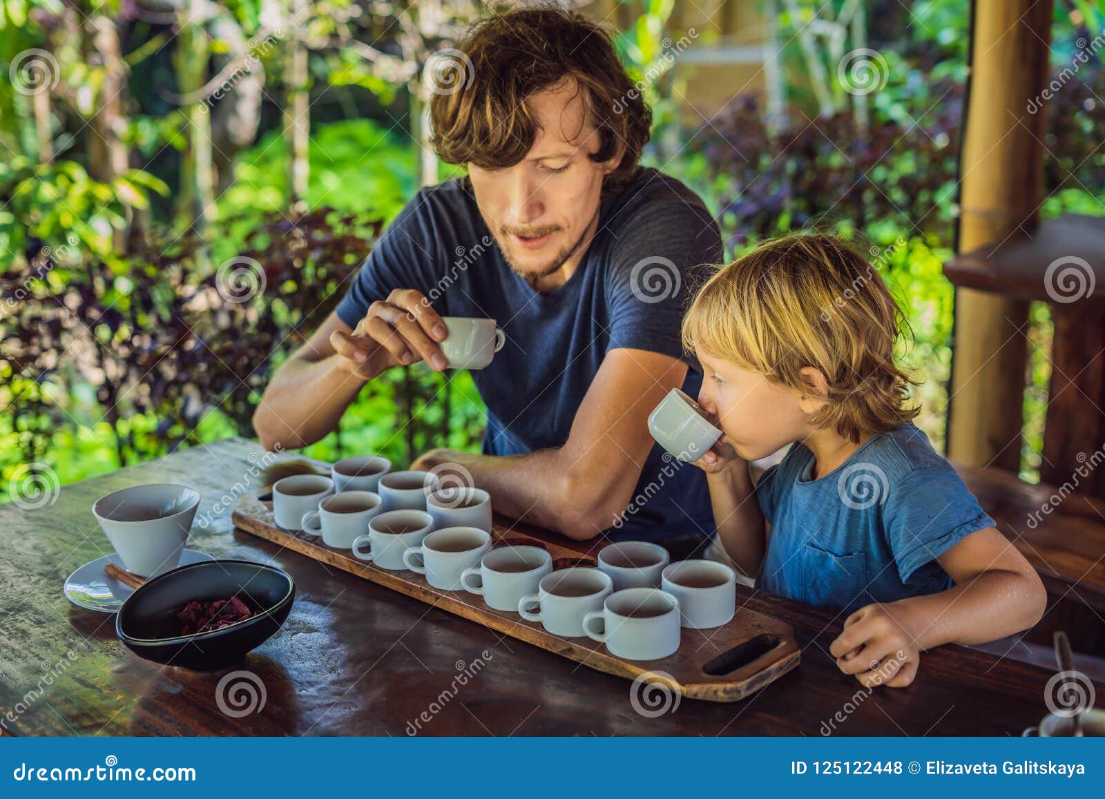 Dad and Son are Tasting Different Kinds of Coffee and Tea, Including ...