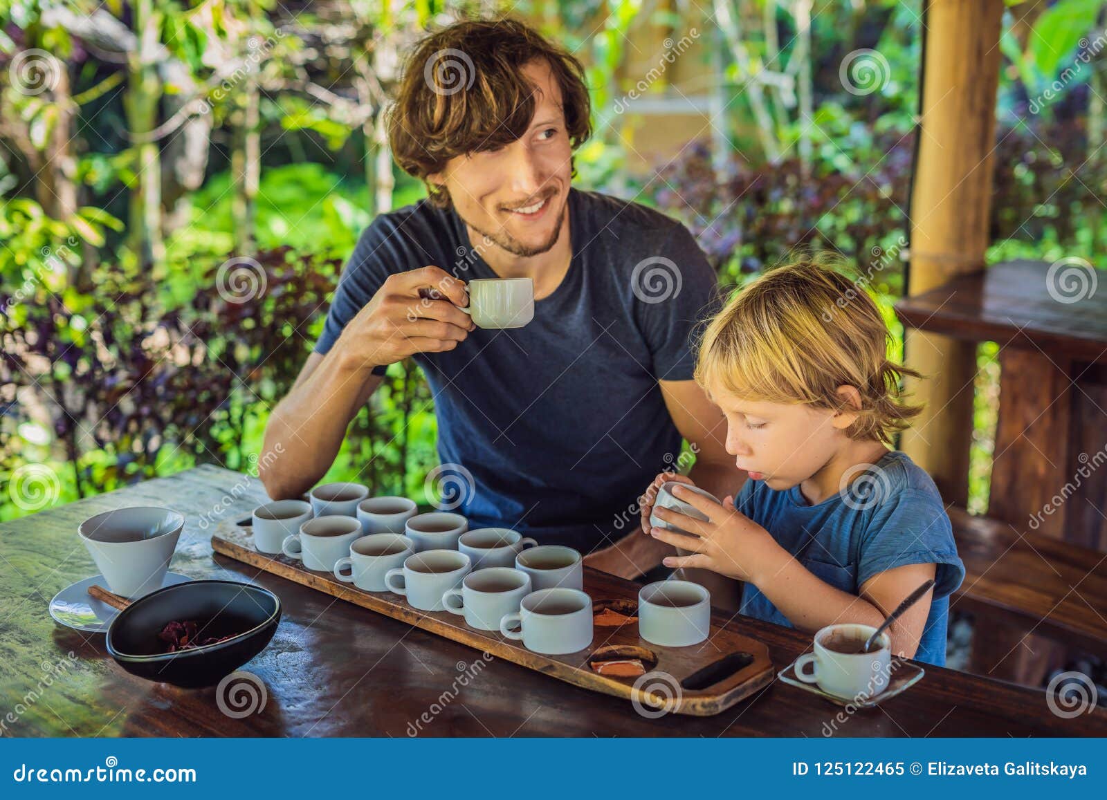 Dad and Son are Tasting Different Kinds of Coffee and Tea, Including ...