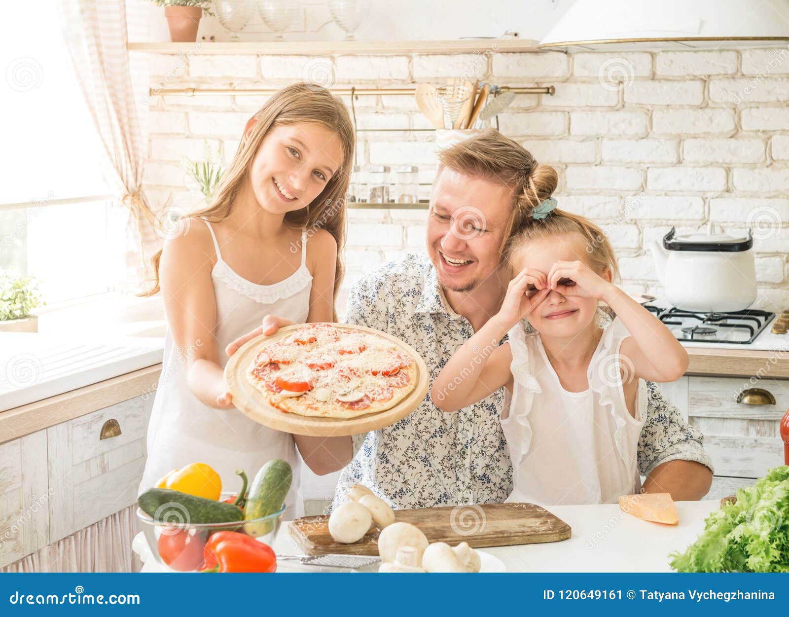 Dad with Daughters Preparing Pizza Stock Image - Image of girl, happy ...