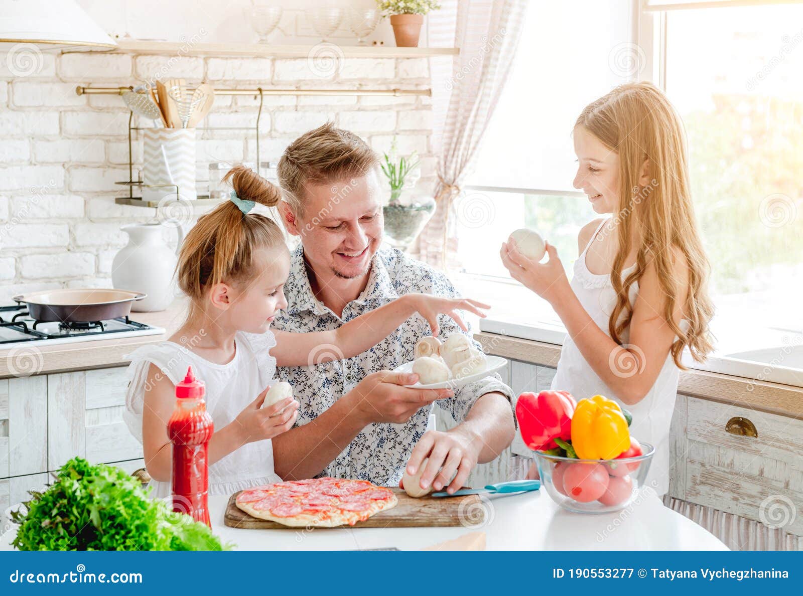 Dad with Daughters Preparing Pizza Stock Image - Image of chef, girl ...