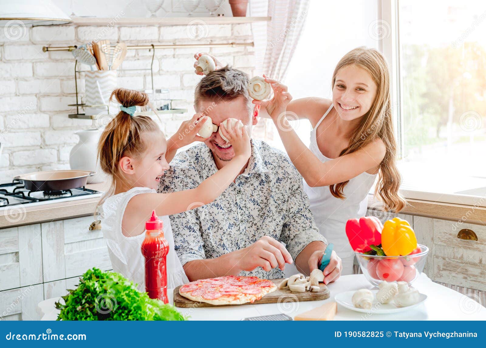 Dad with Daughters Preparing Pizza Stock Image - Image of concept ...