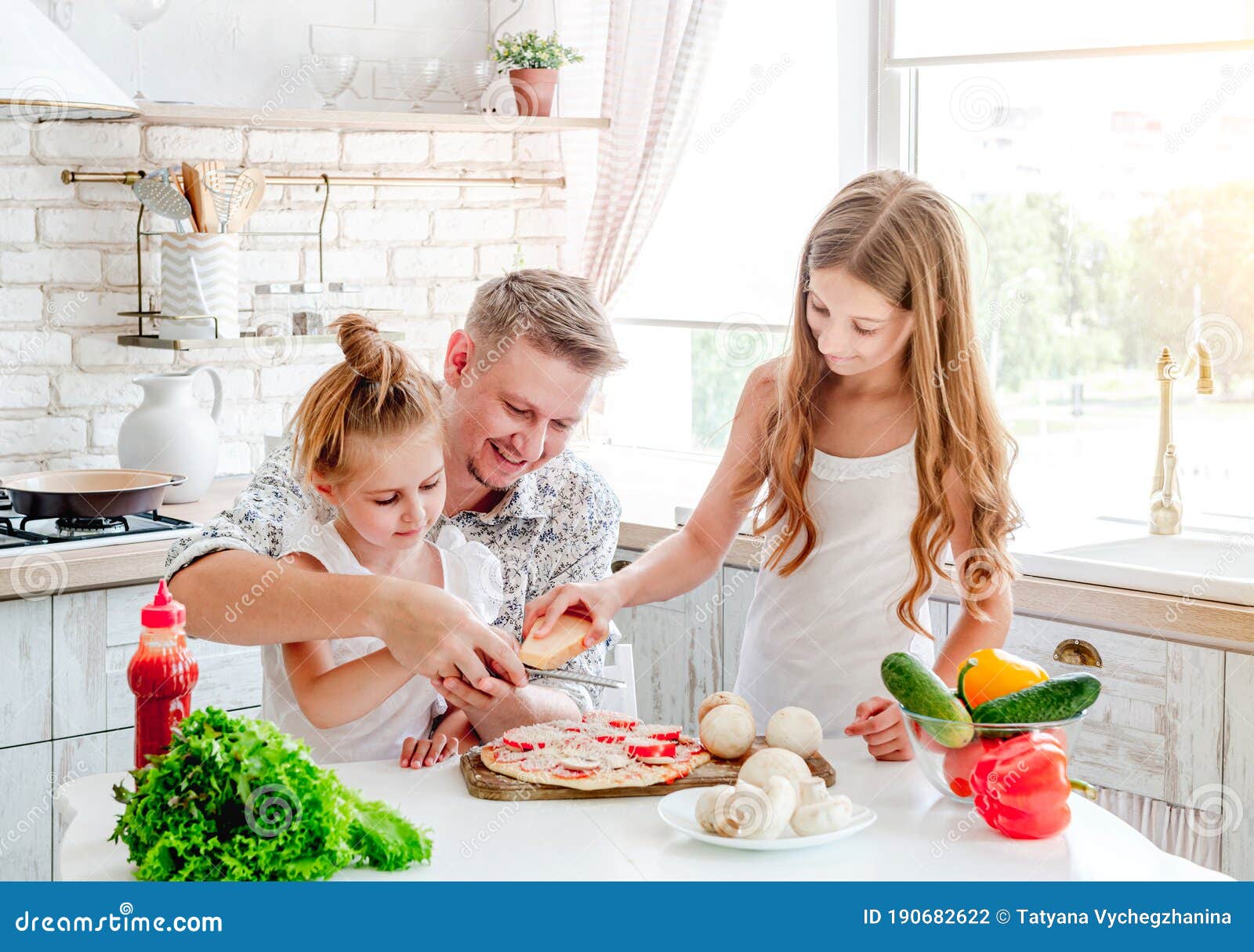 Dad with Daughters Preparing Pizza Stock Photo - Image of family ...