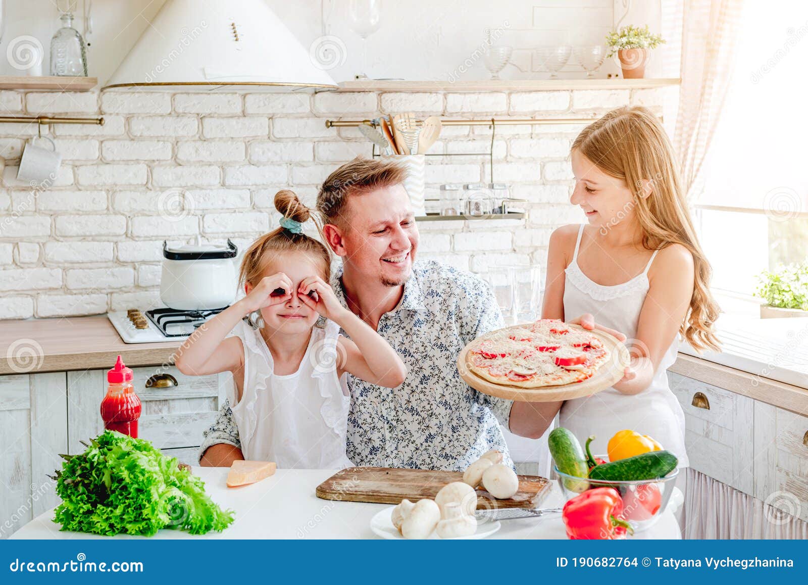 Dad with Daughters Preparing Pizza Stock Photo - Image of caucasian ...
