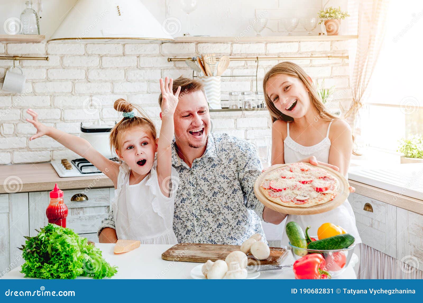 Dad with Daughters Preparing Pizza Stock Image - Image of food ...