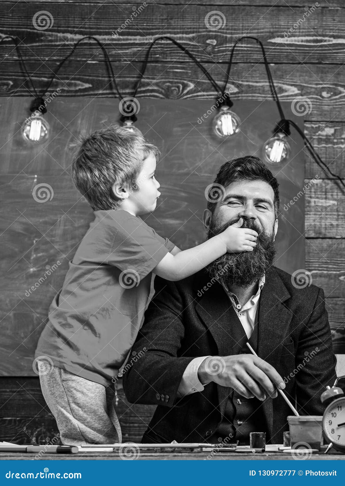 Daddy and Child Making Funny Faces. Handsome Guy Laughing while His Son ...