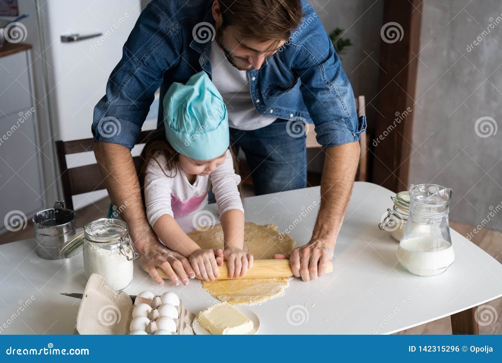 Daddy with Daughter Baking Cake Together in Home Kitchen. Stock Photo ...