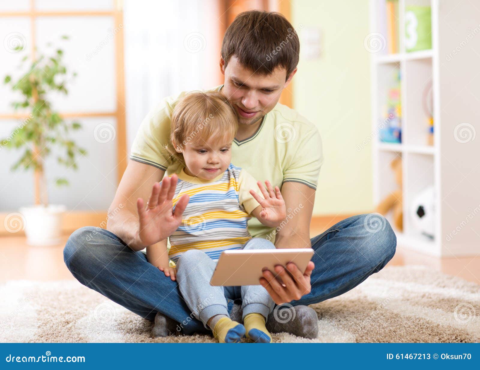 Daddy and Son Kid Playing with Tablet Computer Stock Image - Image of ...