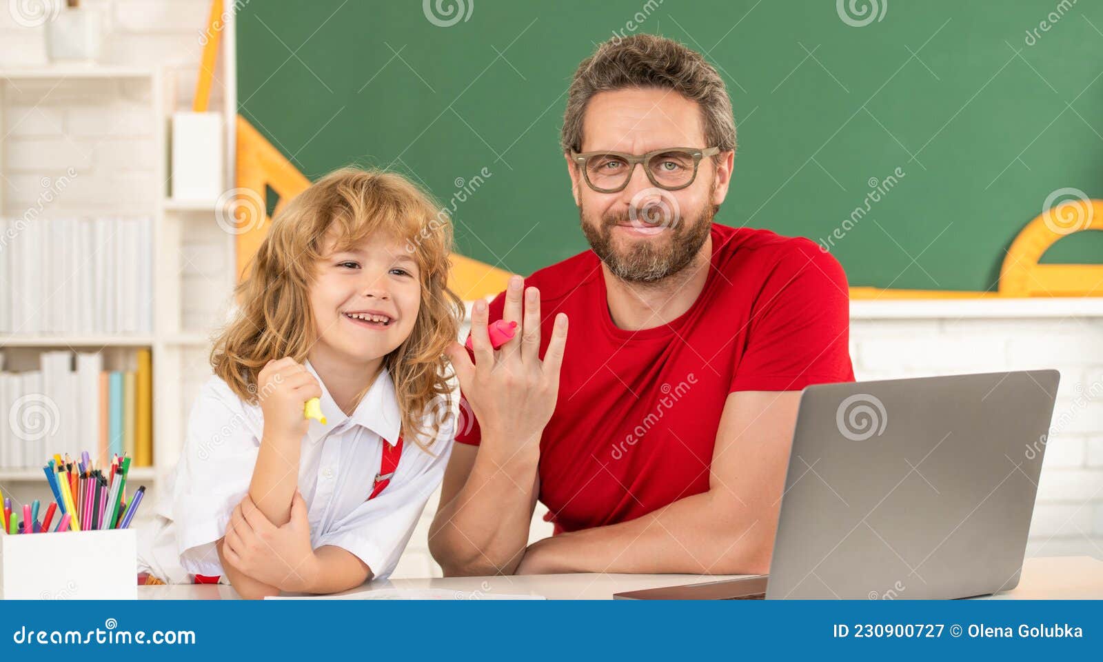 Daddy and Son Study in Classroom with Laptop, Online Education Stock ...
