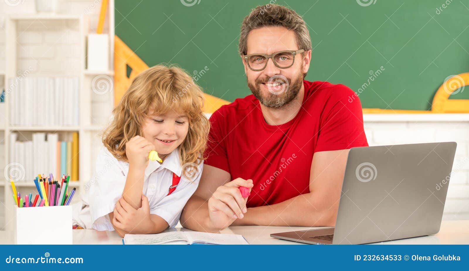 Daddy and Son Study in Classroom with Laptop, Online Education Stock ...