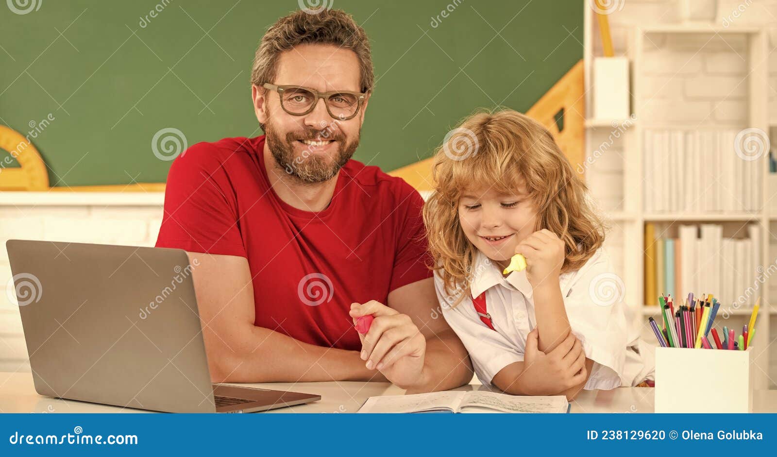 Daddy and Son Study in Classroom with Laptop, Online Education Stock ...