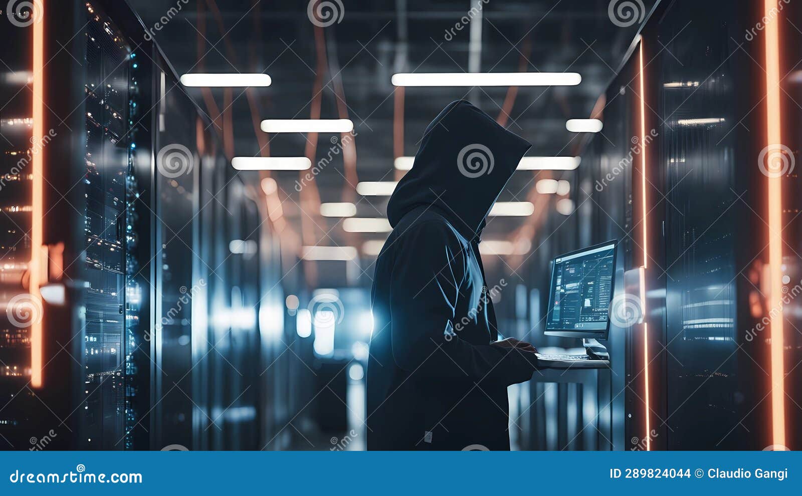 Dagerous Hacker Stealing Data Inside a Server Room Stock Illustration ...