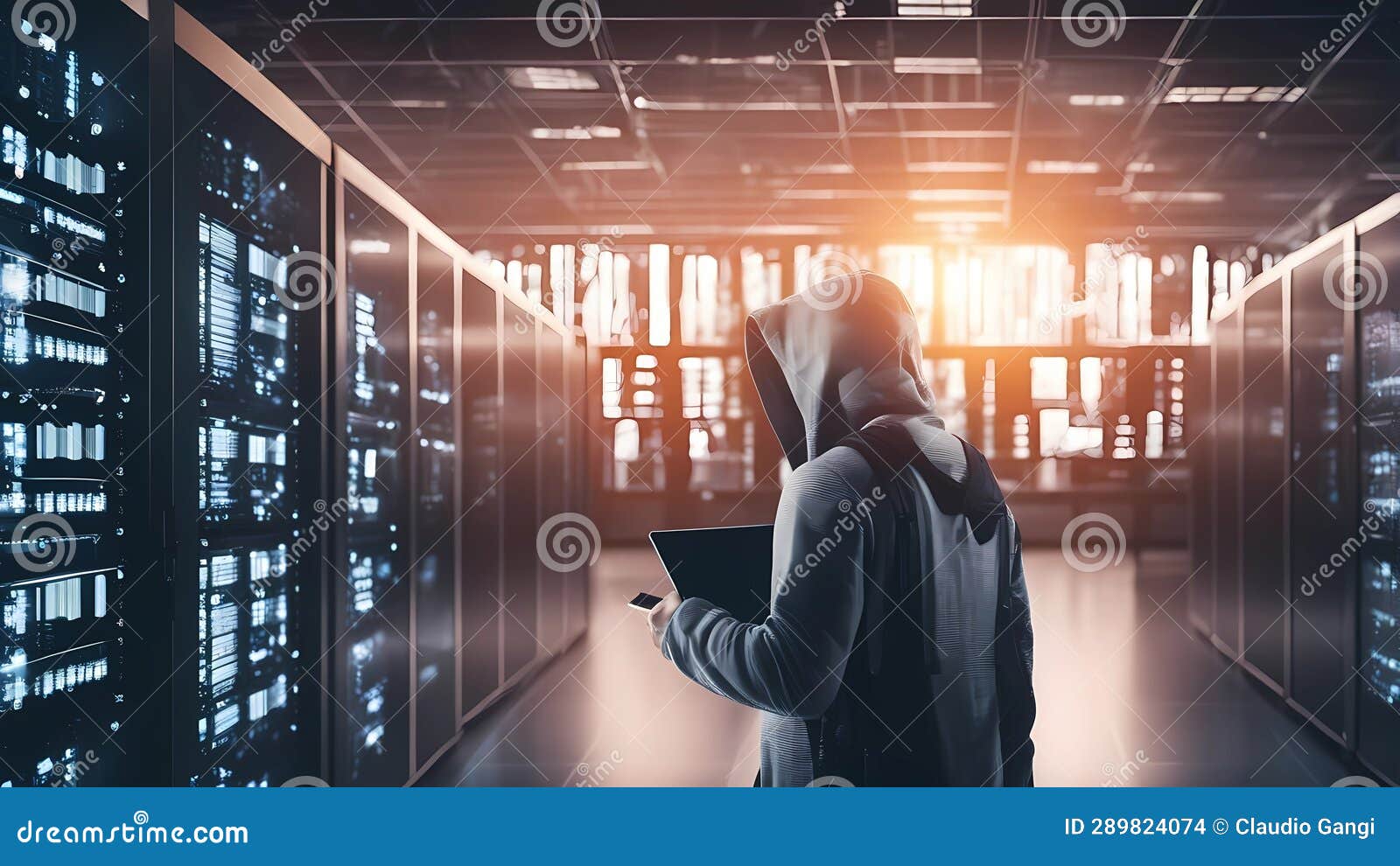 Dagerous Hacker Stealing Data Inside a Server Room Stock Illustration ...