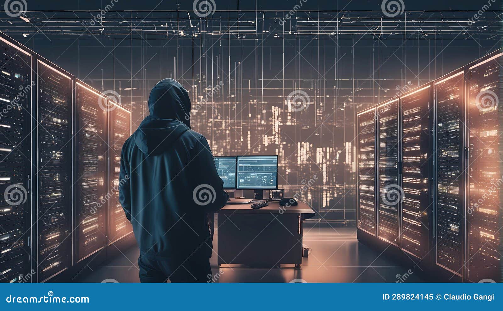Dagerous Hacker Stealing Data Inside a Server Room Stock Illustration ...