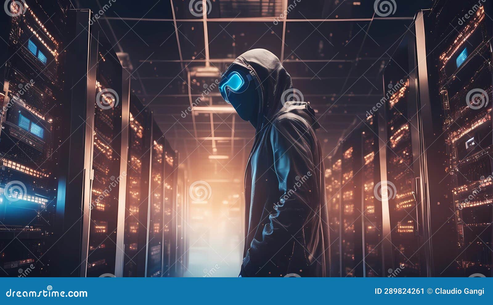 Dagerous Hacker Stealing Data Inside a Server Room Stock Illustration ...