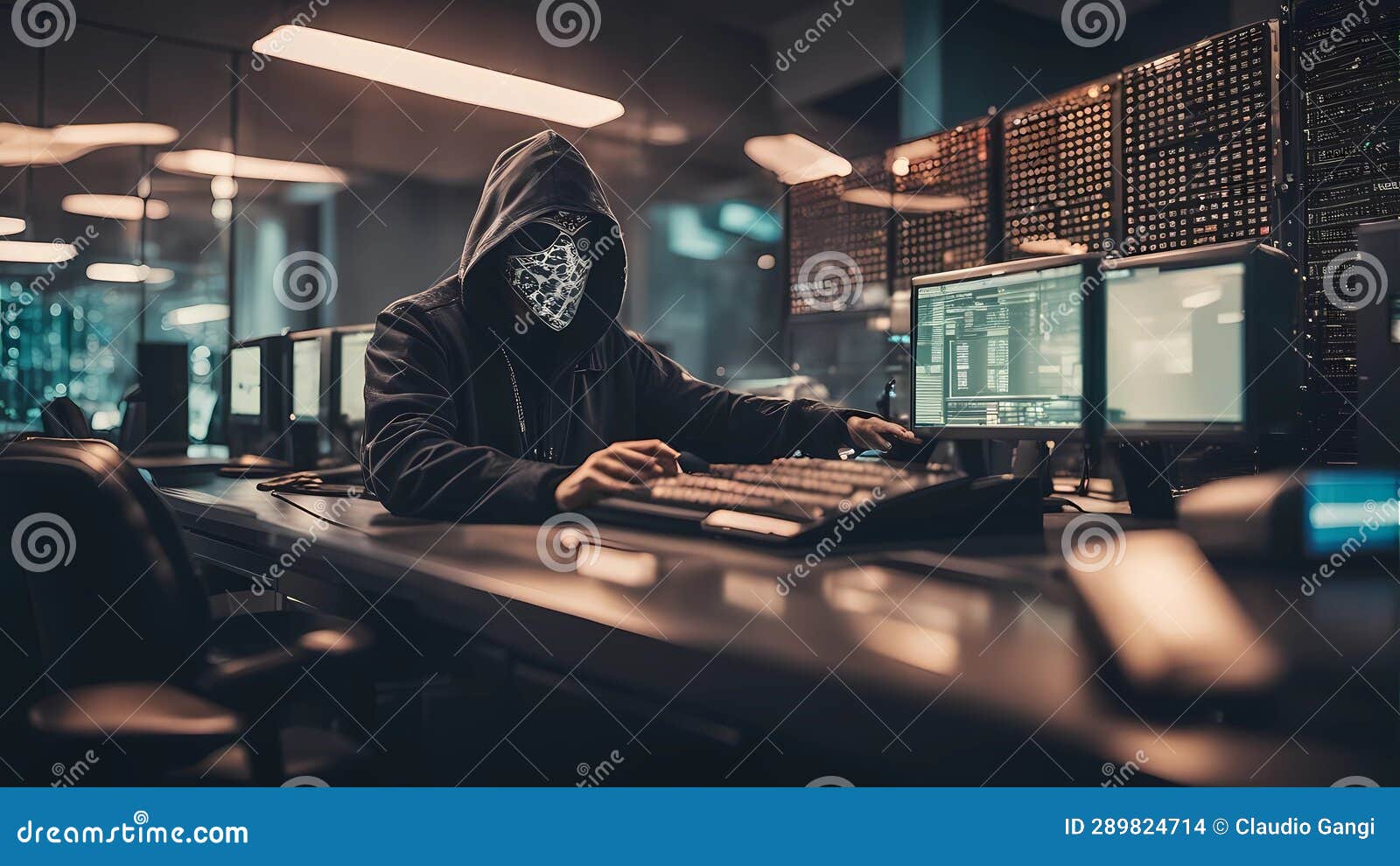 Dagerous Hacker Stealing Data Inside a Server Room Stock Illustration ...